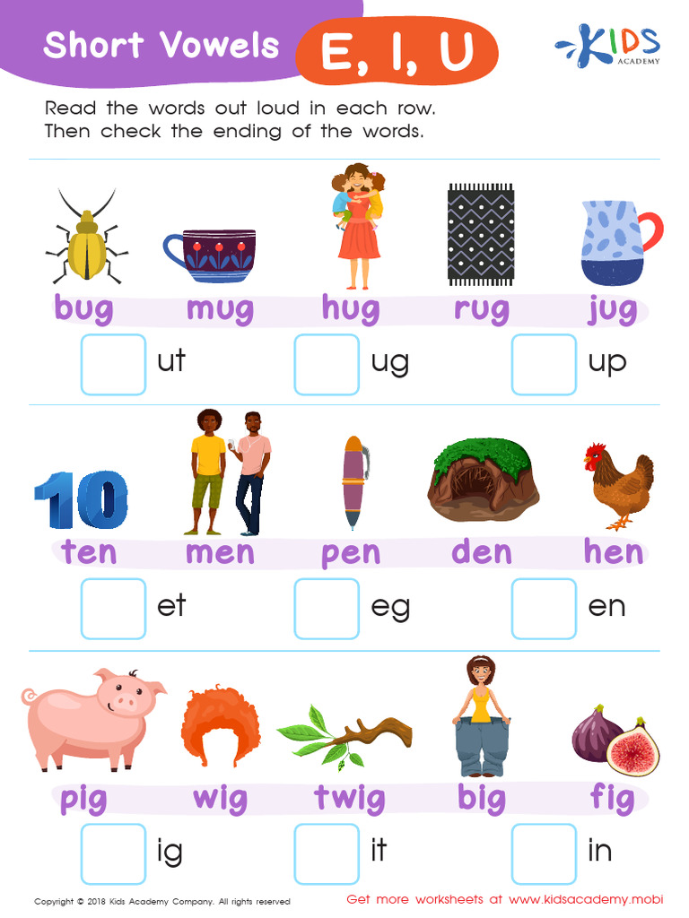 Grade 1 Short Vowels e I and U Worksheet | PDF