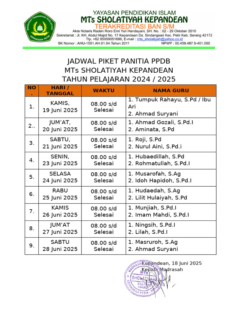 Jadwal Piket Panitia PPDB | PDF
