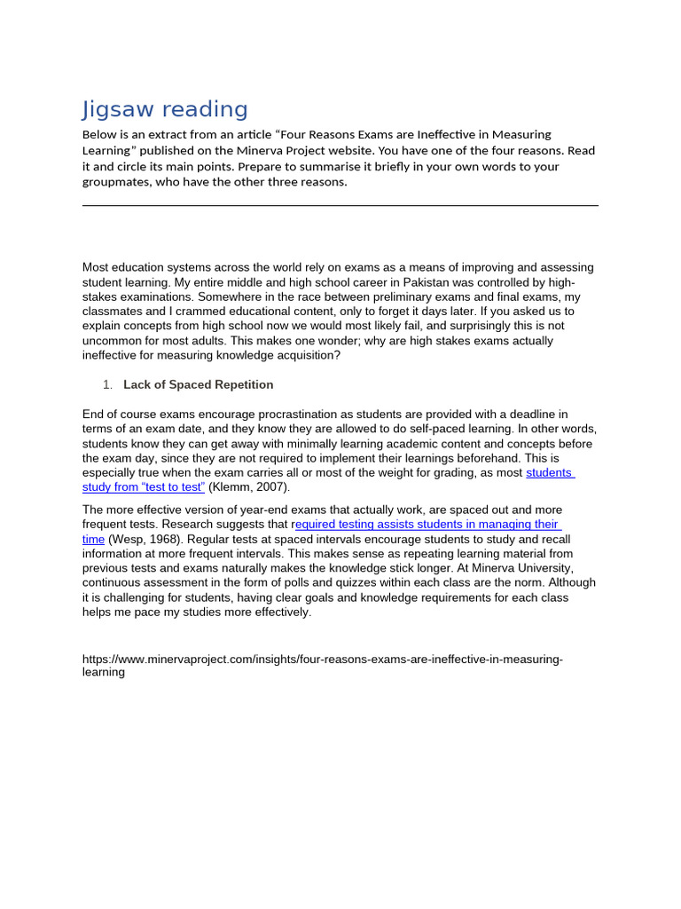 Jigsaw Reading 4 Reasons Exams Are Ineffective | PDF | Learning | Knowledge
