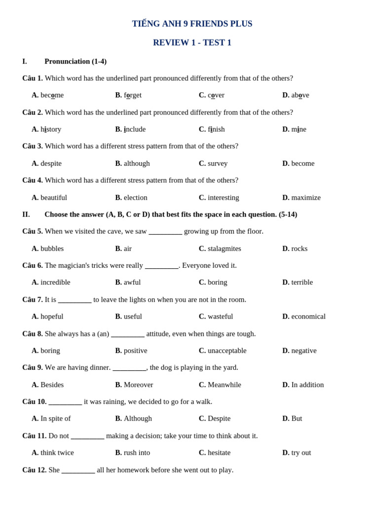 English 9 Friends Plus Test Review | PDF
