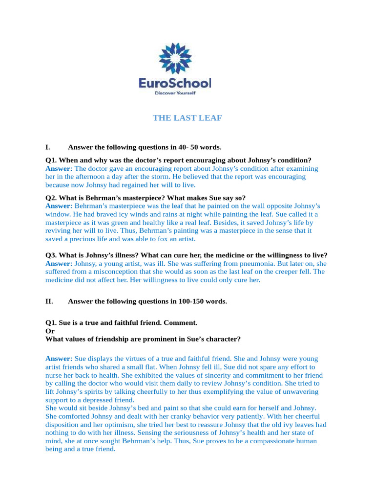 The LAST LEAF - Questions and Answers | PDF