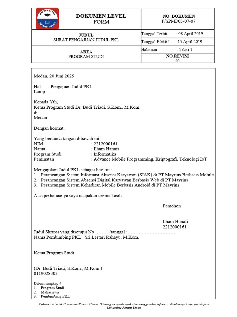 2. Surat Pengajuan Judul Pkl (Ilham Hanafi) | PDF