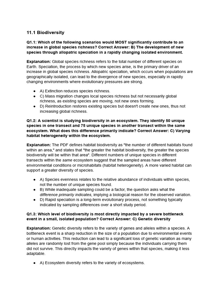 11 Biodiversity Answers MCQ | PDF | Genetic Diversity | Biodiversity