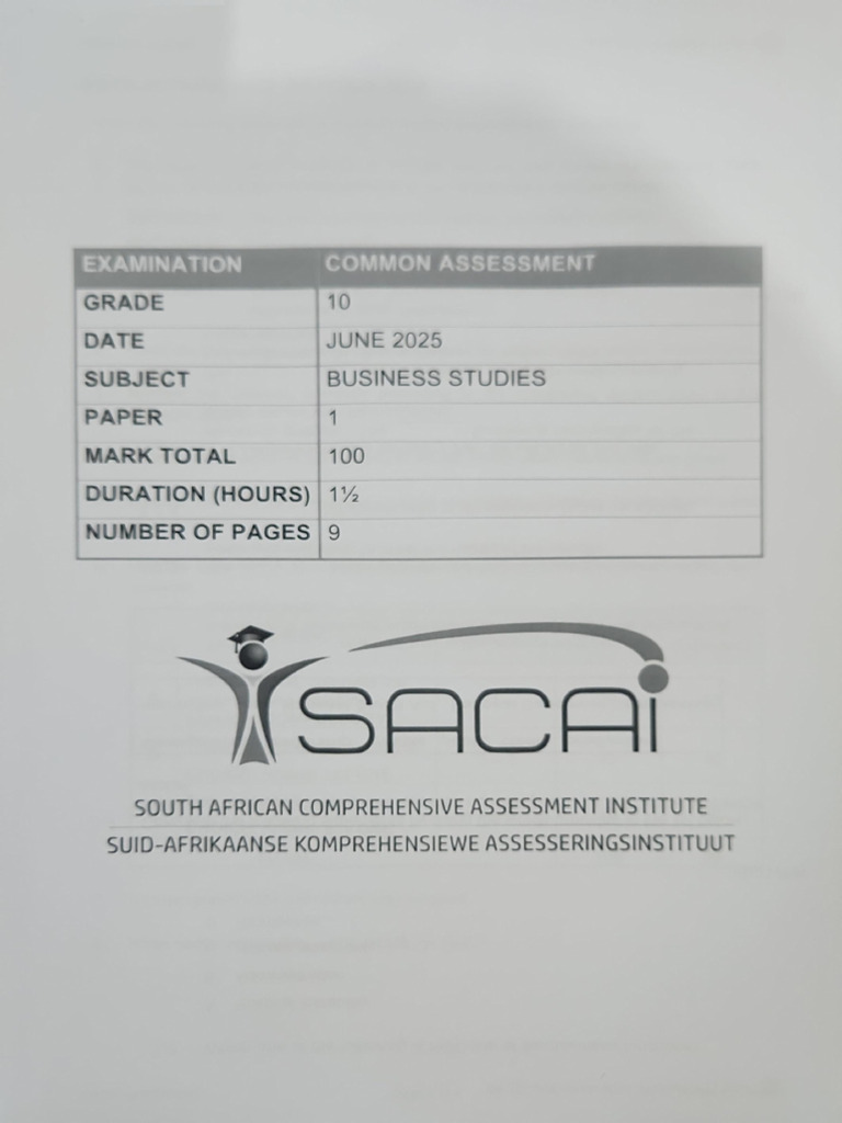 SACAI Business Studies Paper 1 Grade 10 June 2025 | PDF