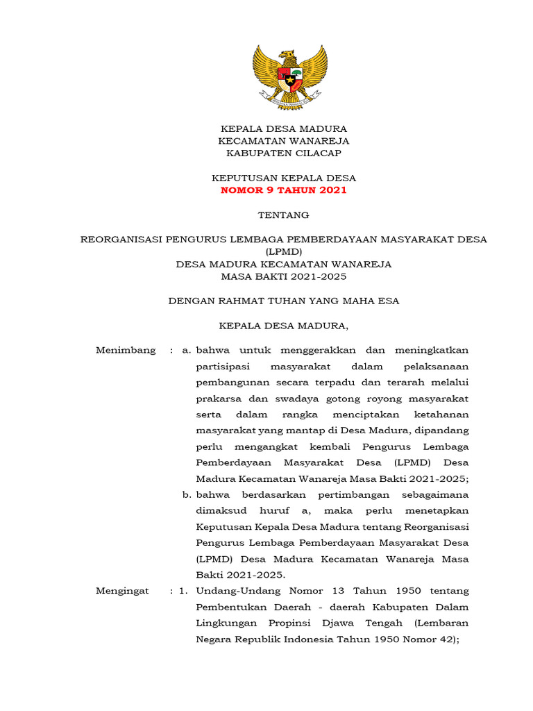 Reorganisasi LPMD Desa Madura 2021-2025 | PDF