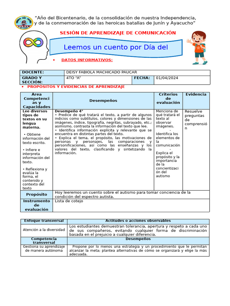 4° Ses Comu Lun 1 Leemos Un Cuento Por Dia Del Autismo Yessenia 933623393 | PDF | Autismo ...