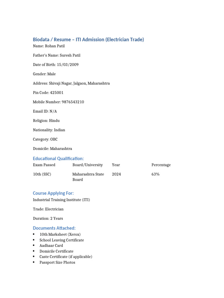 ITI Biodata Rohan Patil | PDF
