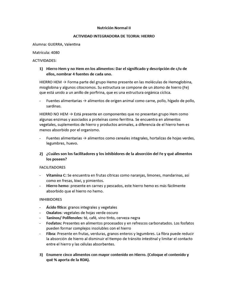 Nutrición Normal II TP Hierro - Información | PDF | Glóbulo rojo