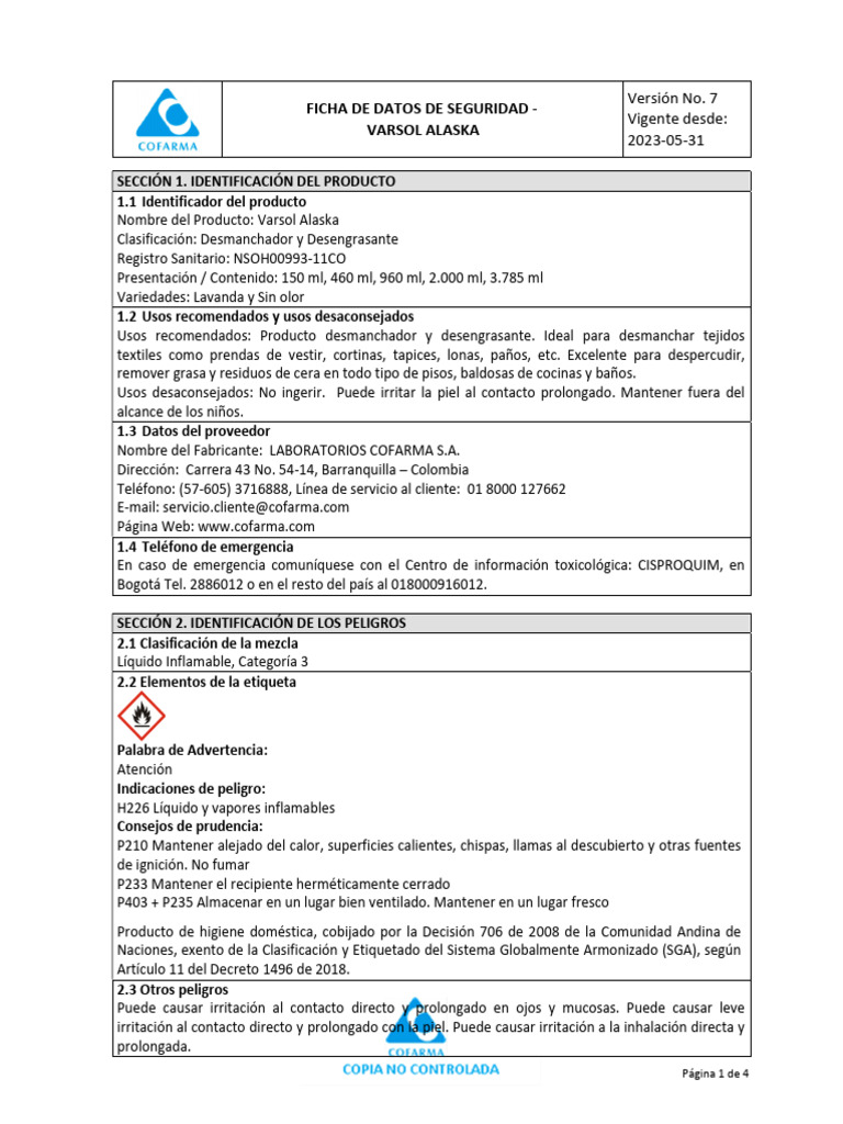 Ficha de Seguridad de Varsol Alaska | PDF | Agua | Combustión