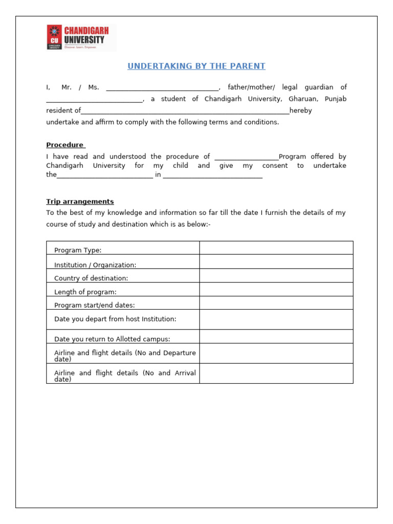 Parent Undertaking for Student Program | PDF | Safety | Travel Visa