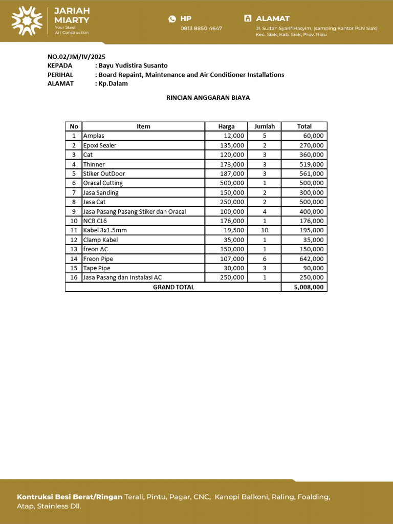 Billboad Maintenance Dan Instalasi AC PT HASMAR RIAU | PDF