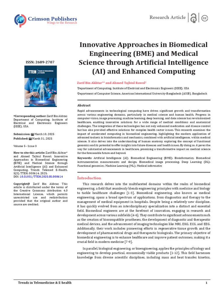 Innovative Approaches in Biomedical Engineering (BME) and Medical (AI ...