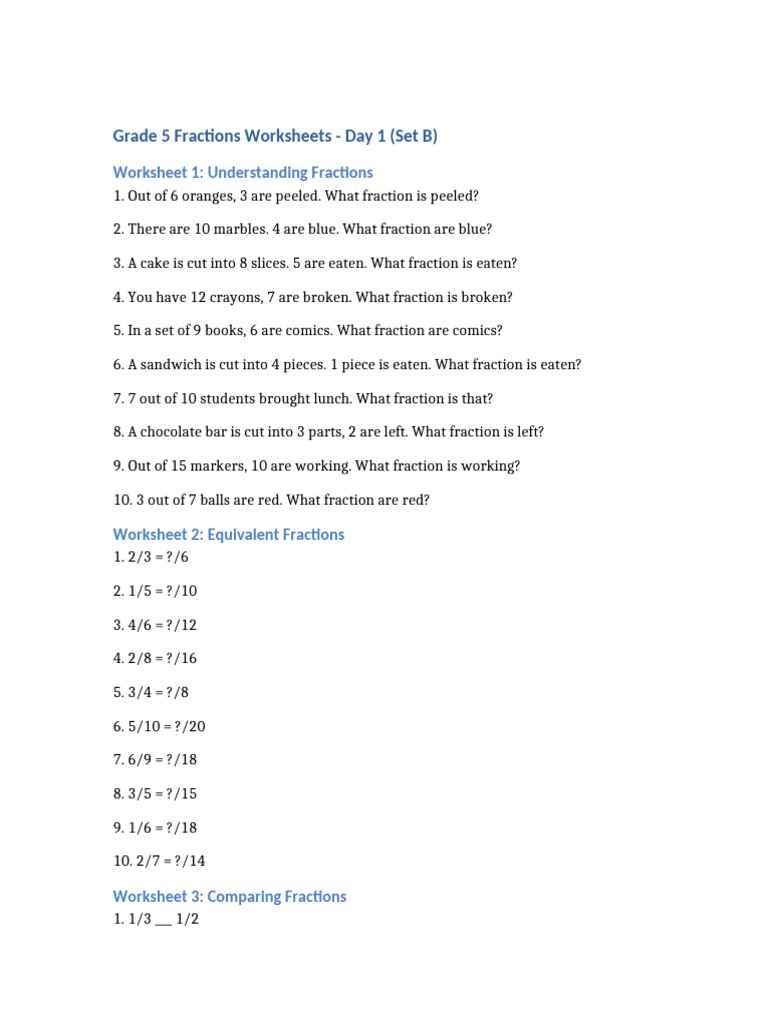 Grade 5 Fractions Worksheets Day1 SetB | PDF