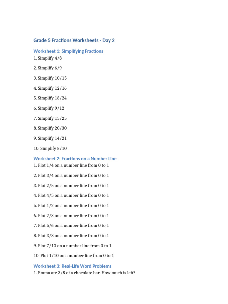Grade 5 Fractions Worksheets Day2 | PDF