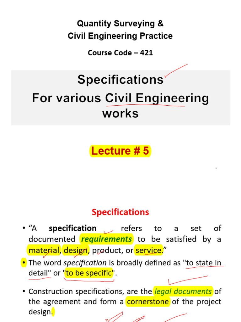 Lecture-5 Specifications in Civil Engineering Projects | PDF | Specification (Technical Standard)