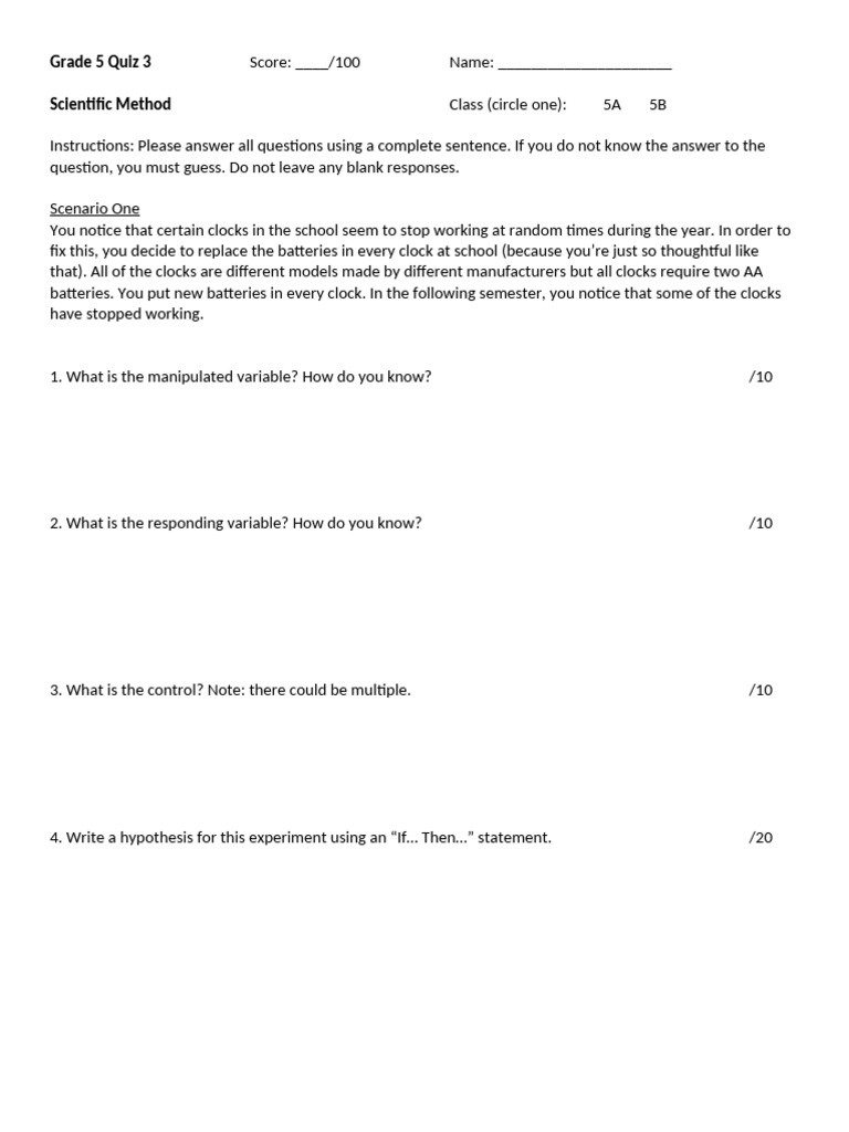 Grade 5 Scientific Method Quiz | PDF