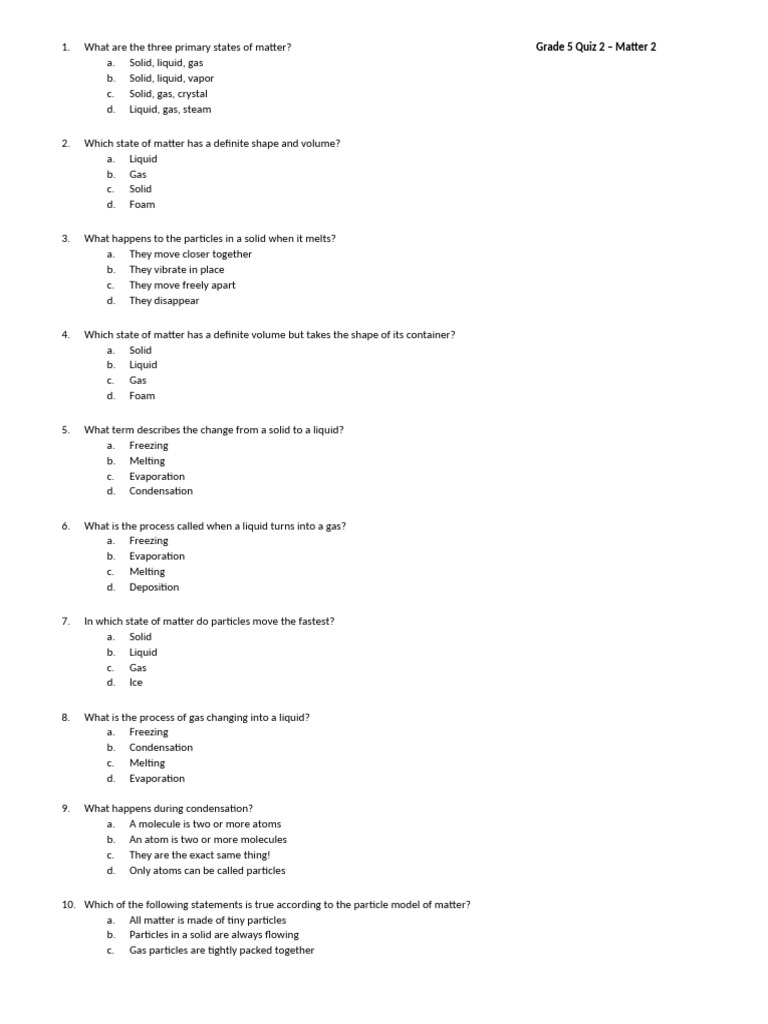Grade 5 2425 Quiz 2 - Matter 2 | PDF | Liquids | Gases