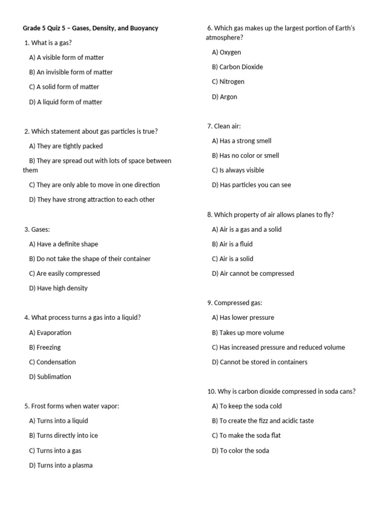 Grade 5 Quiz on Gases and Density | PDF | Buoyancy | Atmosphere Of Earth