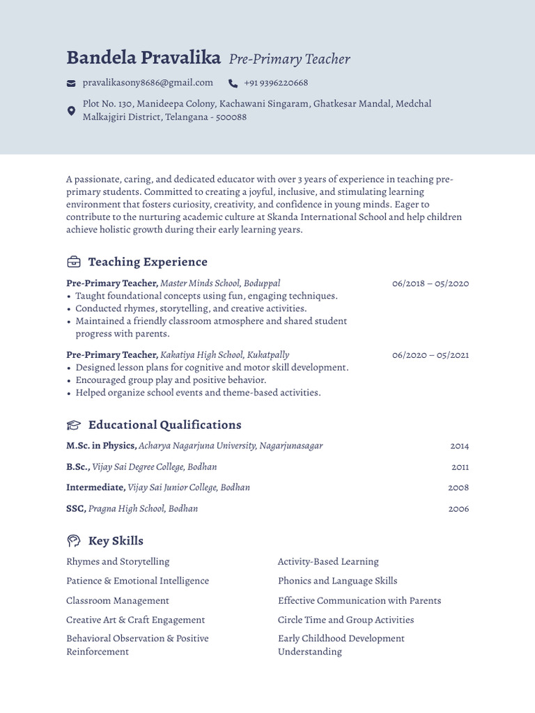 Bandela Pravalika FlowCV Resume 20250615 | PDF | Teachers | Learning
