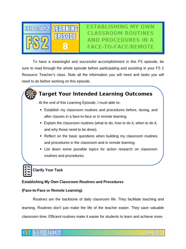Field Study 2 Learning Episode 8 | PDF | Learning | Classroom