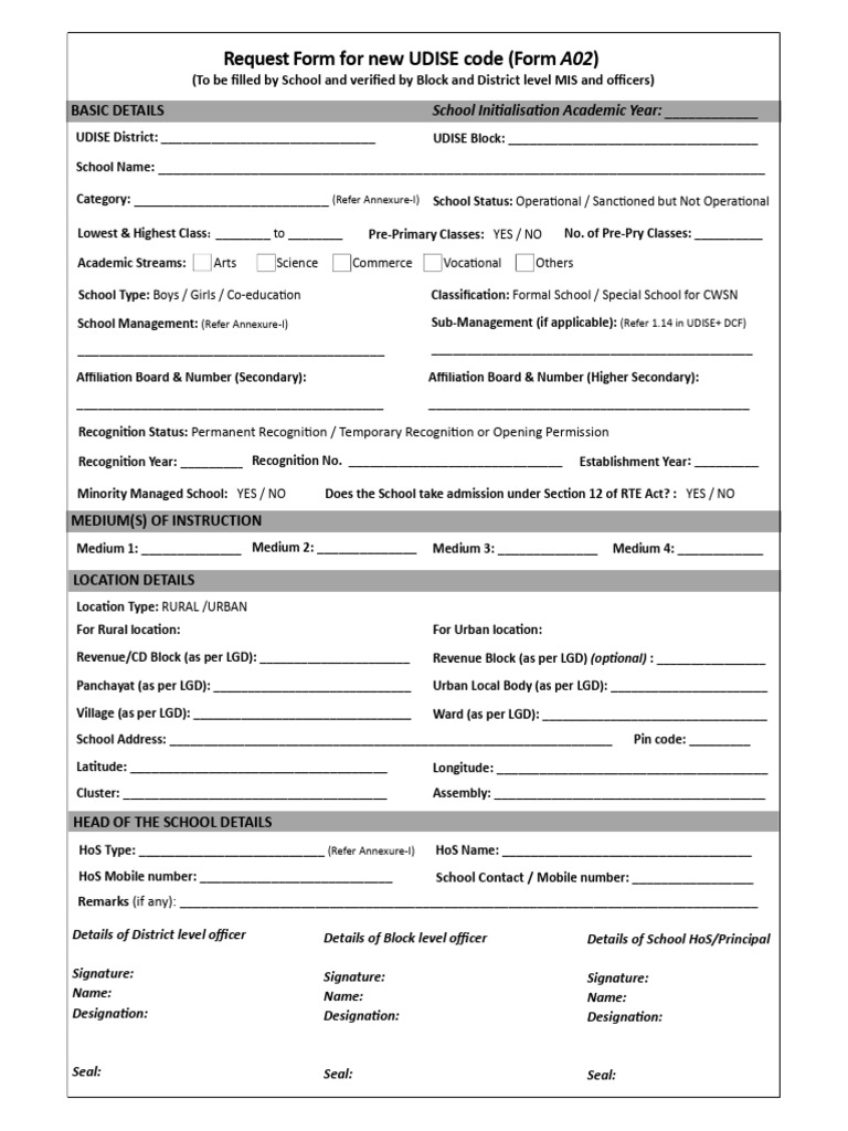 Request for New UDISE Code (Form A02) | PDF
