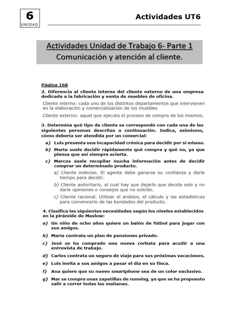 Actividades UT6 Parte 1 Solucionario.docx | PDF | Cliente | Servicio al Cliente