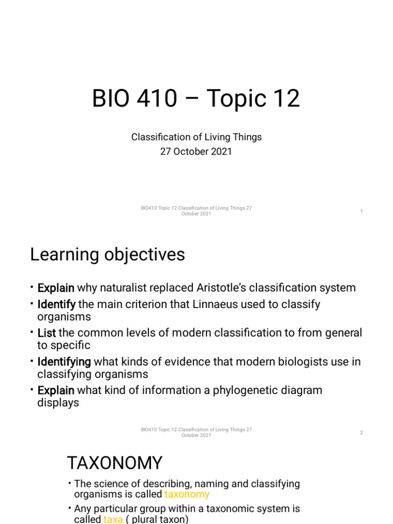 2021 BIO 410 Lecture 12 - Classification of Living Things | PDF | Cell ...