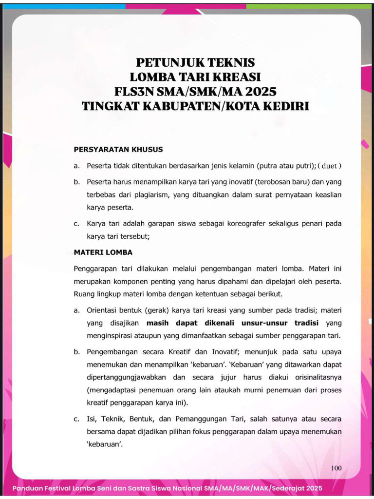 Petunjuk Teknis Lomba Tari Kreasi FLS3N SMASMK KAB KOTA KEDIRI 2025 | PDF