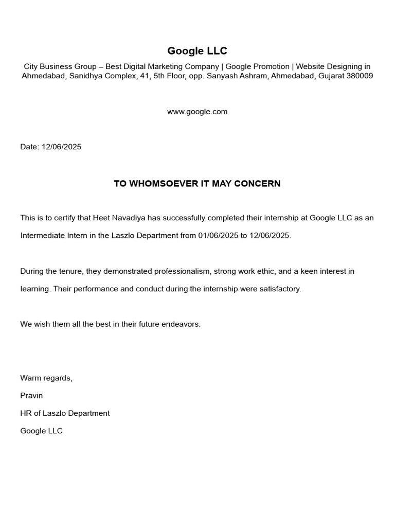 Google Internship Relieving Letter Heet Navadiya | PDF