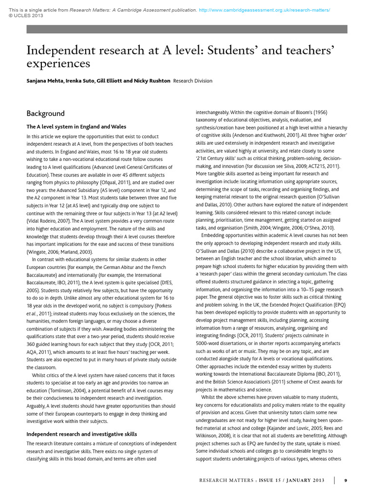 Independent Research at A Level Students and Teachers Experiences 1 ...