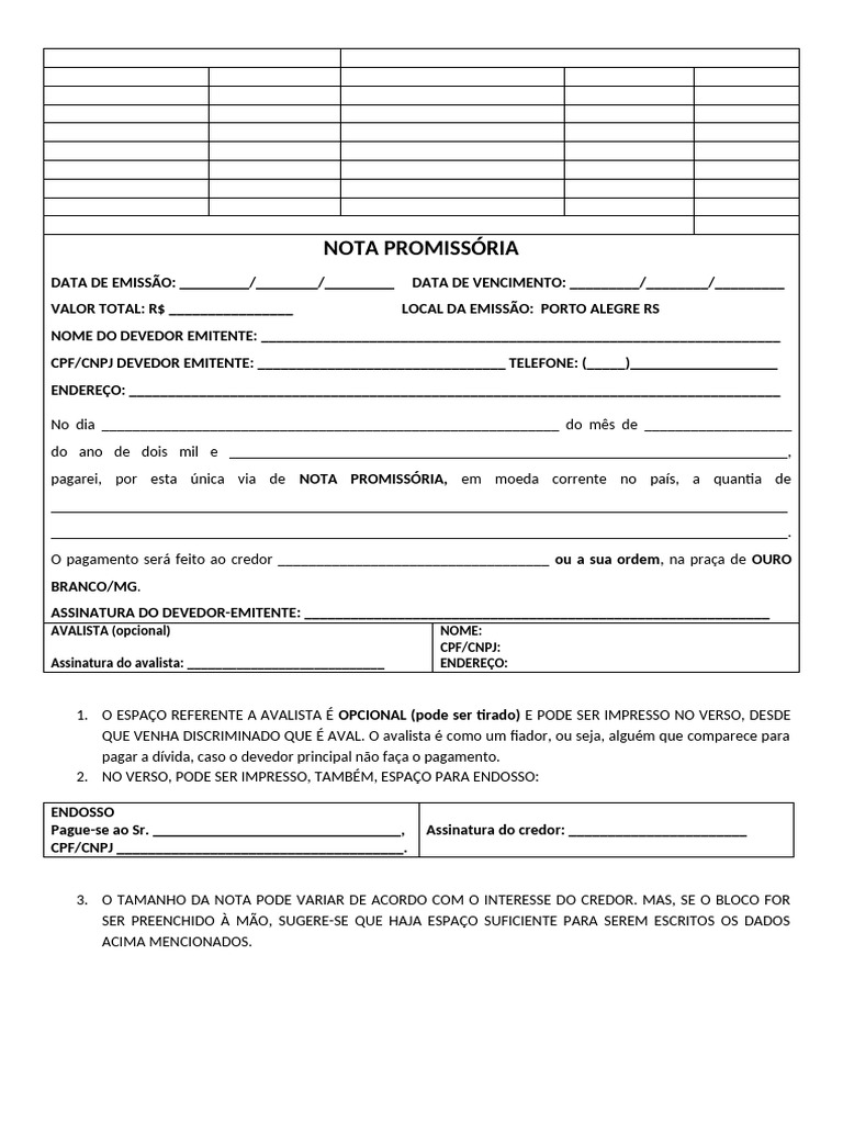 Modelo de Nota Promissória para Impressão | PDF
