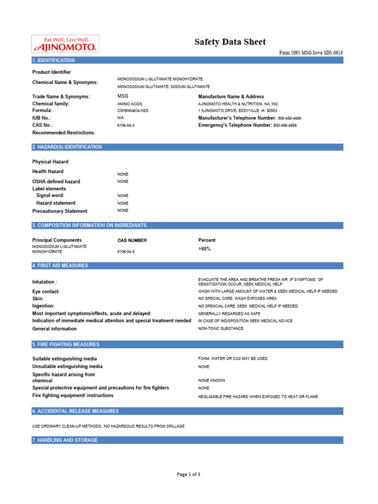 Safety Data Sheet MSG Ajinomoto USA 28.11.2026 | PDF | Toxicity | Water