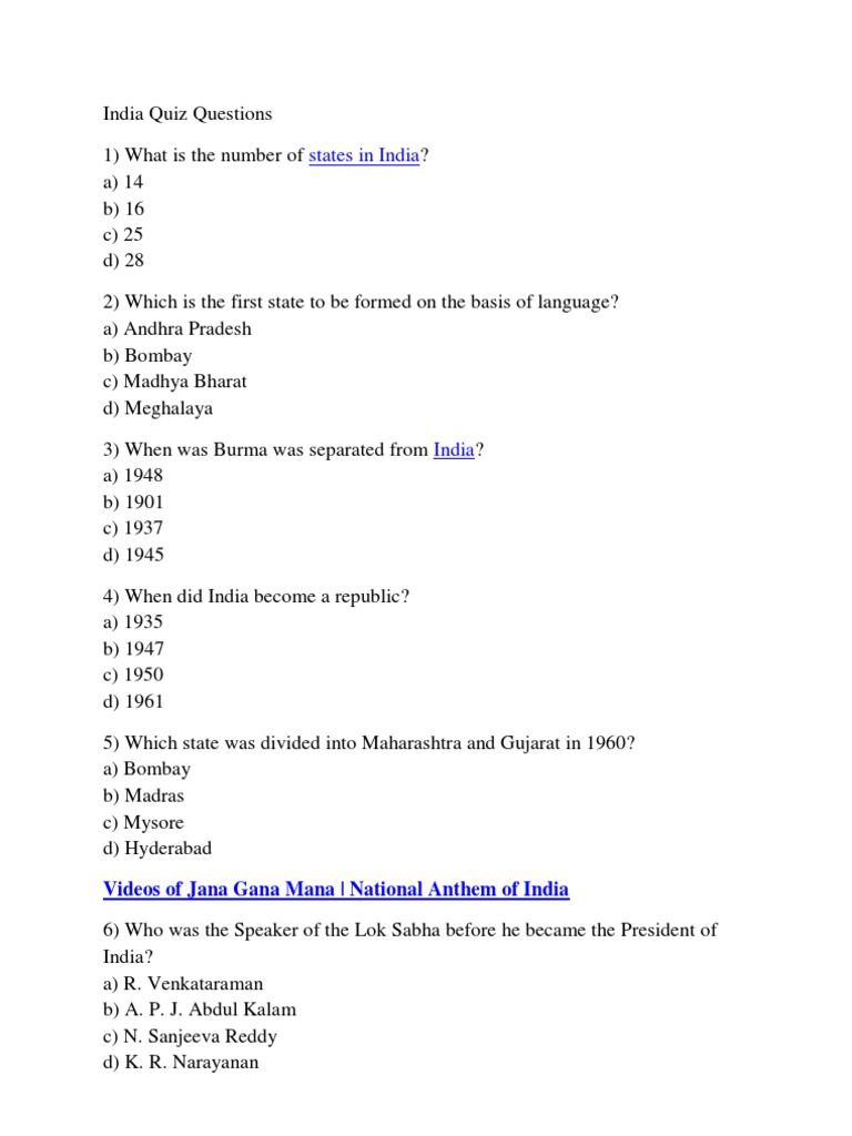 India Quiz Questions and Answers | PDF