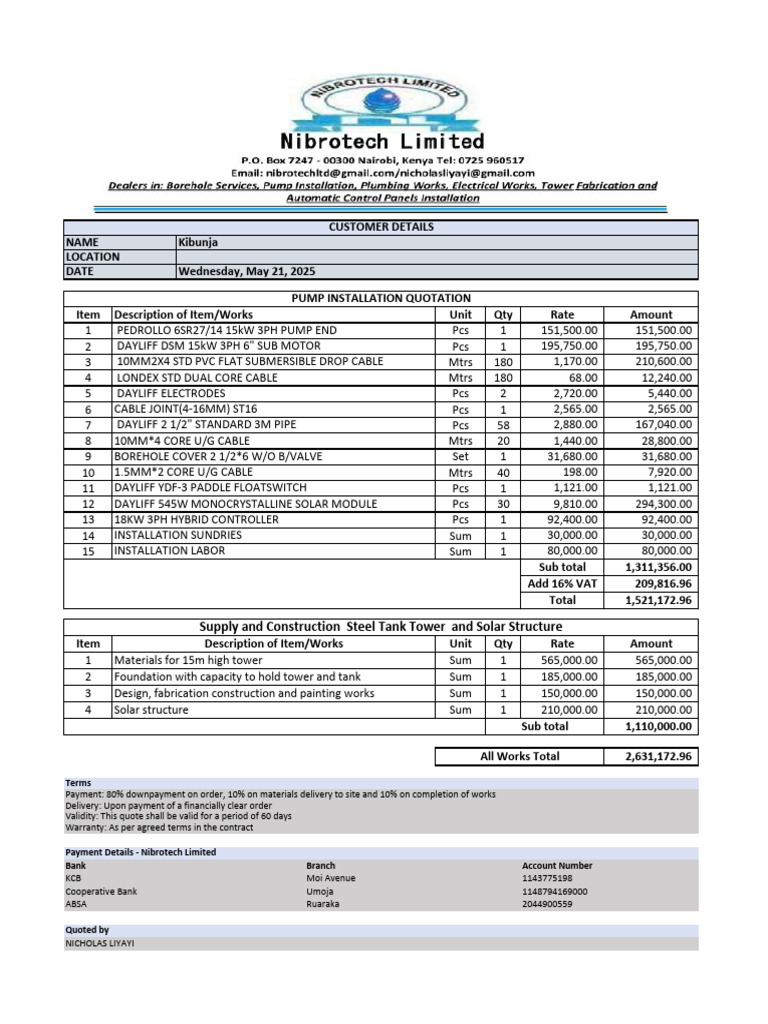 Solar Pump Installation Quotation | PDF | Manufactured Goods