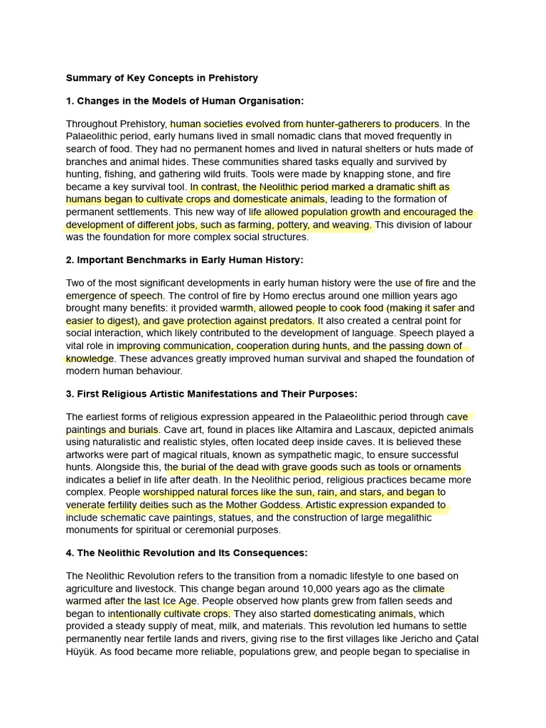 Summary of Key Concepts in Prehistory | PDF | Neolithic | Paleolithic