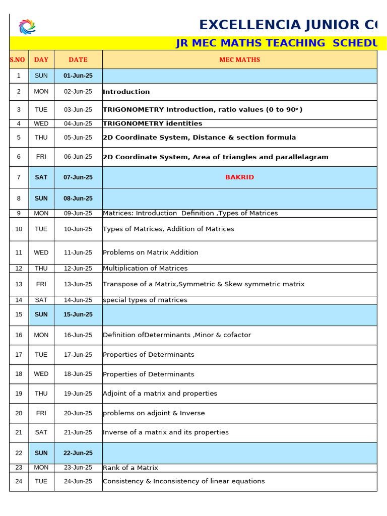 MEC Maths Teaching Schedule 2025 | PDF | Matrix (Mathematics ...