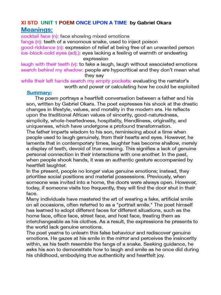 XI Unit 1 Poem - 250620 - 194244 | PDF | Smile