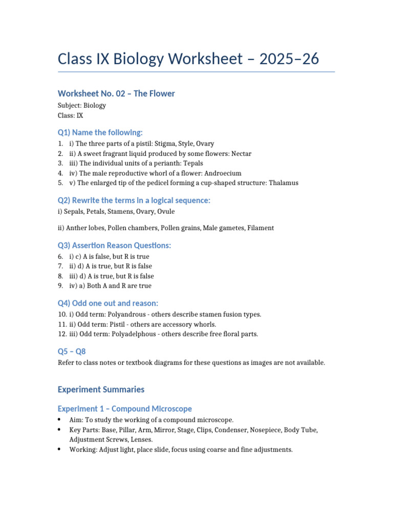 Class IX Biology: Flower Structure Worksheet | PDF