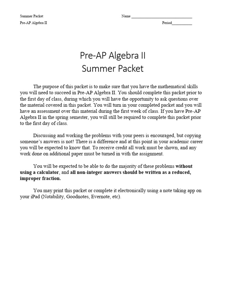 Pre-AP Algebra II Summer Assignment | PDF | Algebra | Mathematics