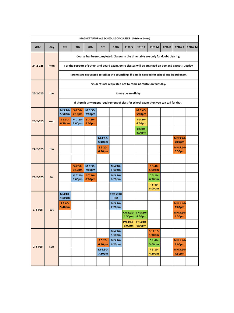 Time Table 24 Feb To 2 Mar 2025 | PDF