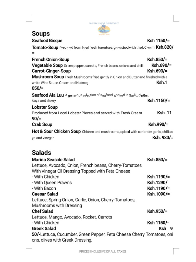 Marina Seaside Ala Carte Menu June 2024 - Phoenix | PDF
