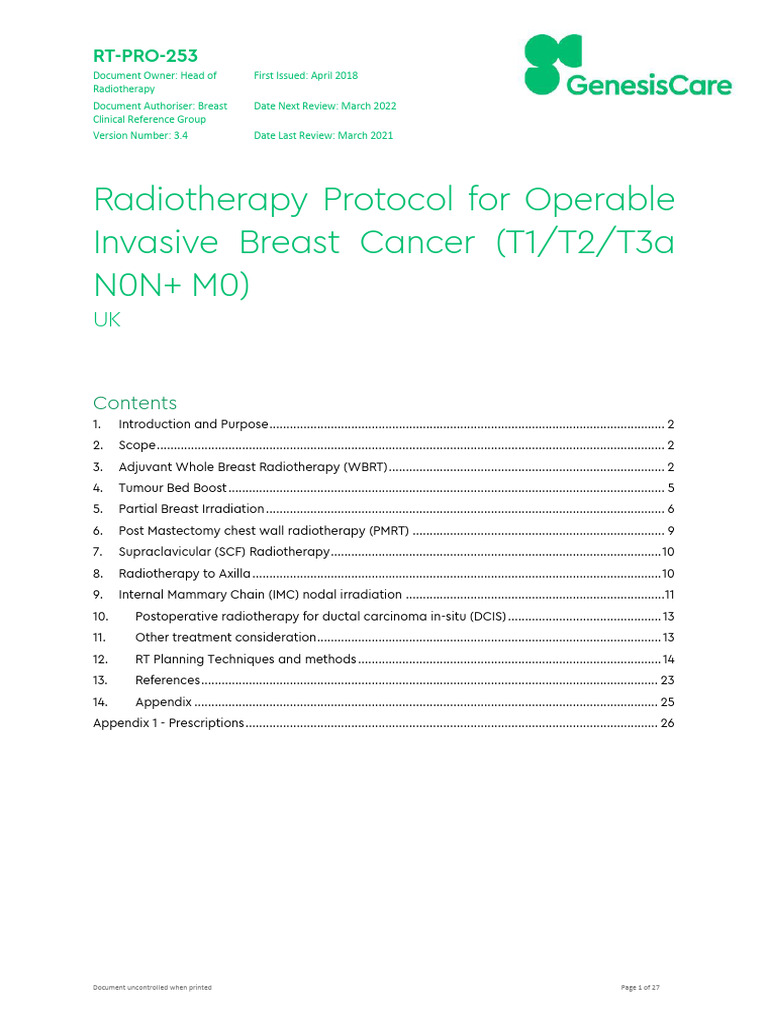 Radiotherapy Protocol For Operable Invasive Breast Cancer RT UK V3.4 ...