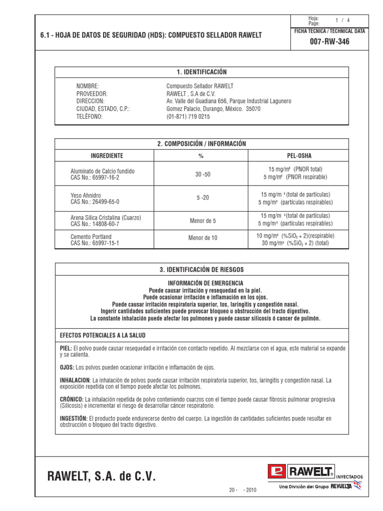 Compuesto Sellador Rawelt | PDF | Agua | Yeso