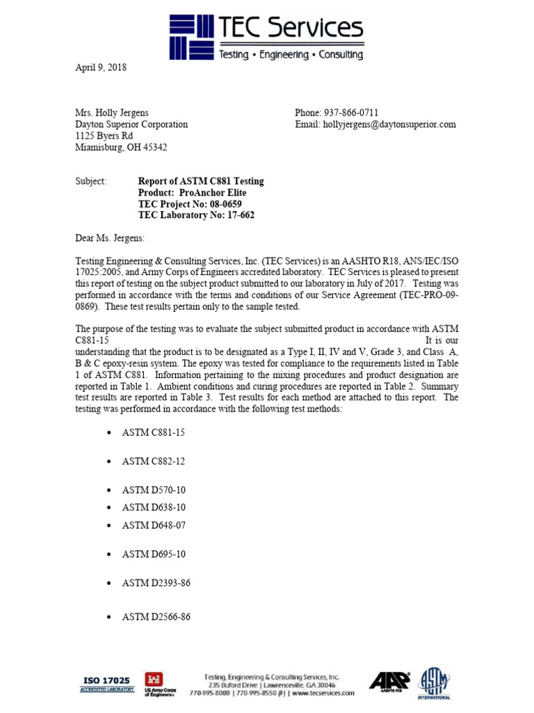 ASTM C881 Testing Report for ProAnchor Elite | PDF | Concrete | Epoxy