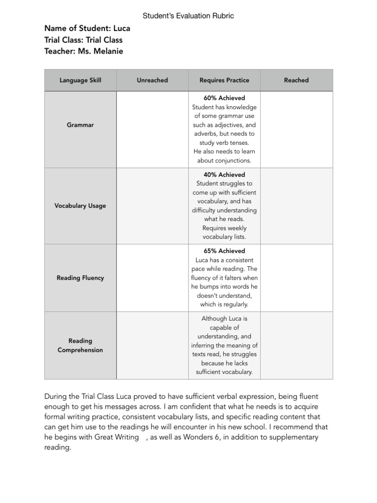 Luca's Writing Evaluation | PDF | Vocabulary | Reading Comprehension