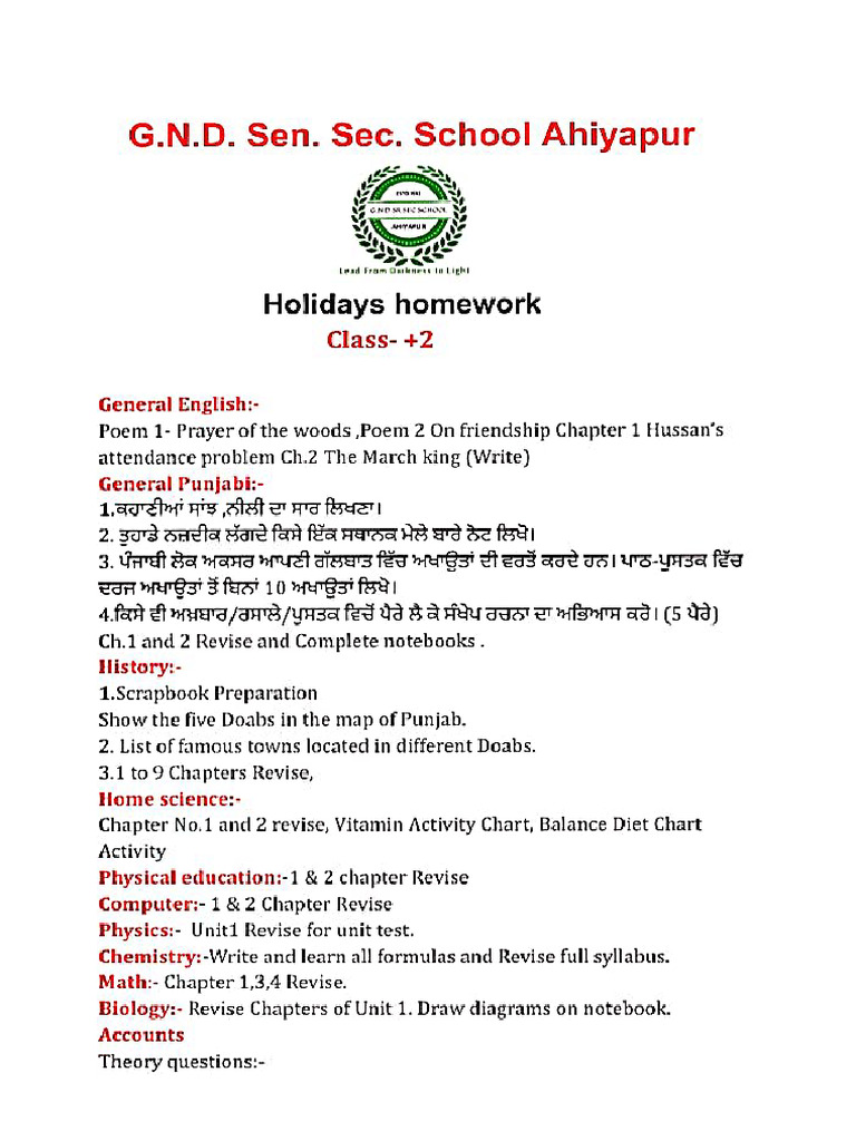 Holiday Homework | PDF