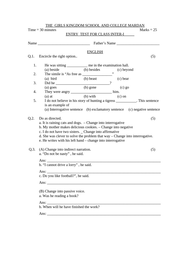Entry Test for Class Inter-I English | PDF | Syntax | Grammar