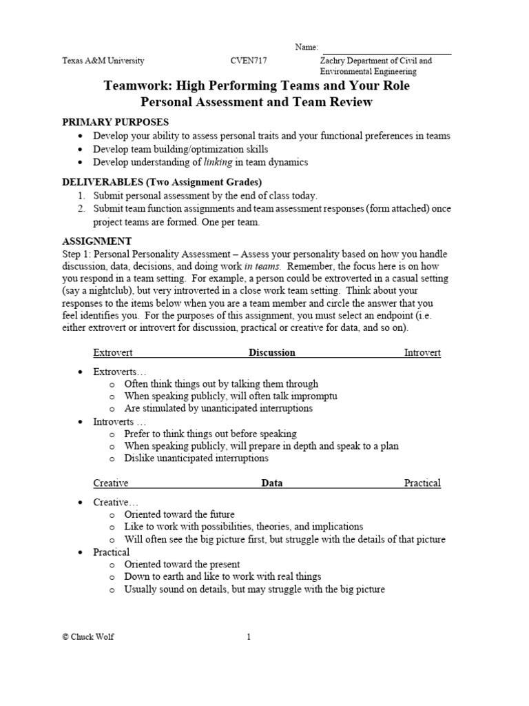 Team Dynamics and Personal Assessment Guide | PDF | Extraversion And ...