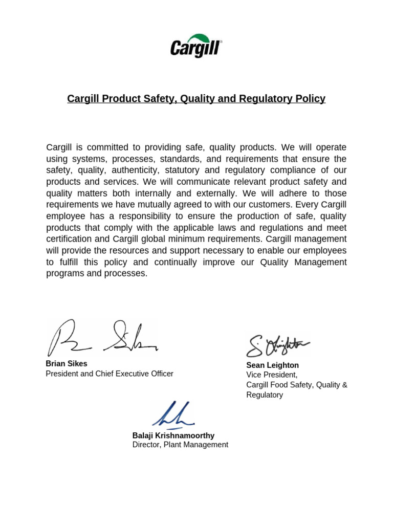 English - 2025 Cargill Product Safety Quality and Regulatory Statement | PDF