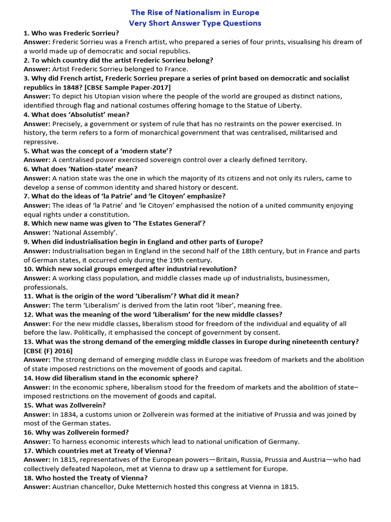 Answer Ch.1 History Class 10 | PDF | Nationalism | Liberalism